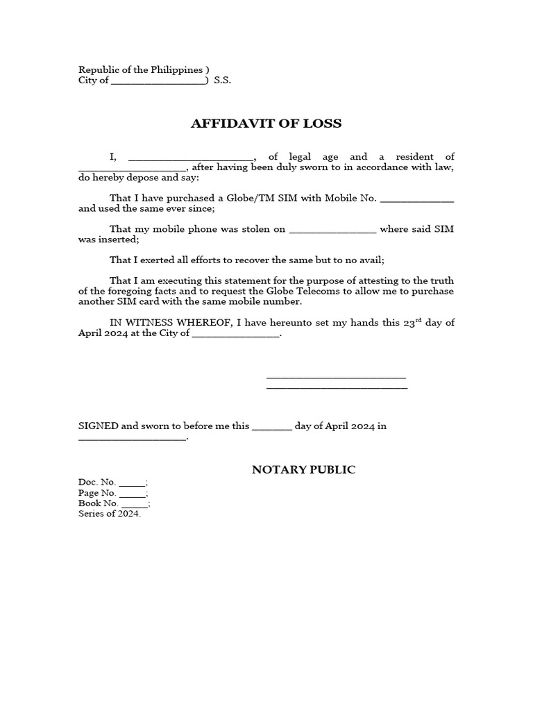 Affidavit of Loss Sim TEMPLATE | PDF