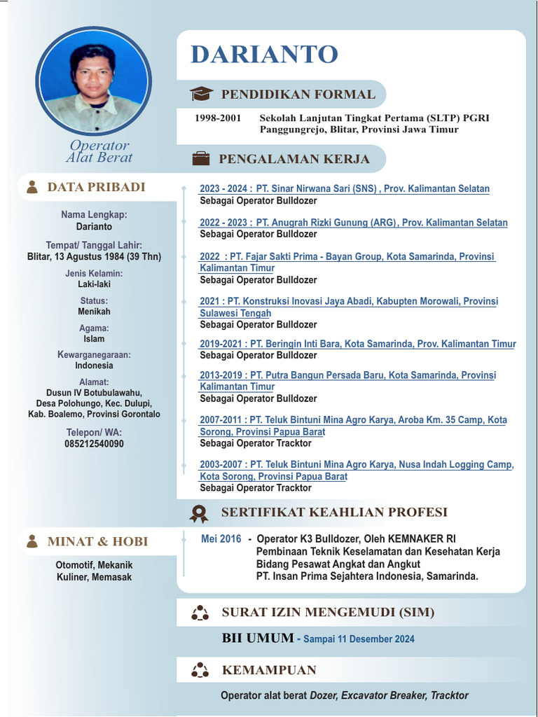 Contoh CV Operator Alat Berat 2024 | PDF Contoh CV Operator Alat Berat 2024 | PDF