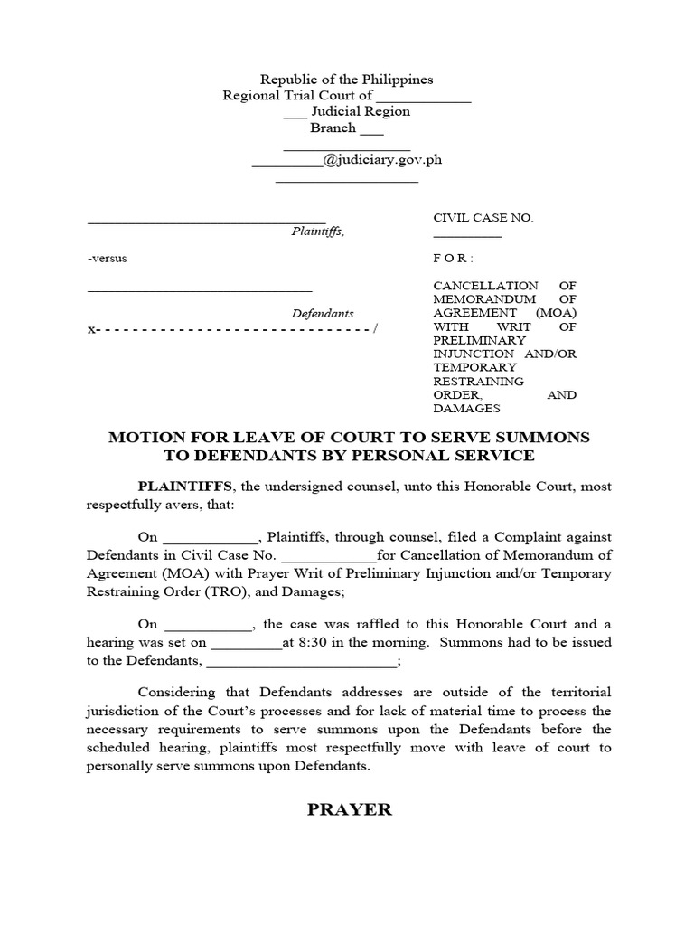 Motion To Serve Summons by Personal Service TEMPLATE | PDF | Injunction ...