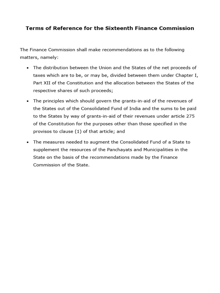 Terms of Reference: 16th Finance Commission | PDF | Government Of India ...