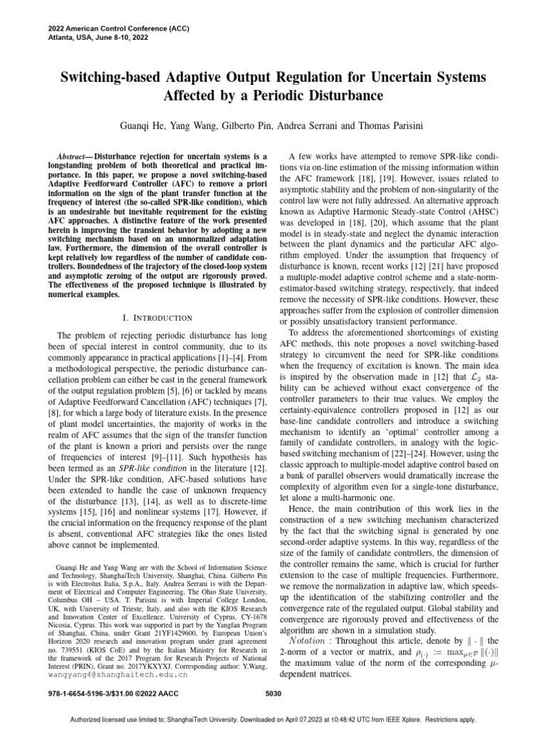 Switching Based Adaptive Control For Uncertain Systems Affected by A Periodic Disturbance | PDF ...