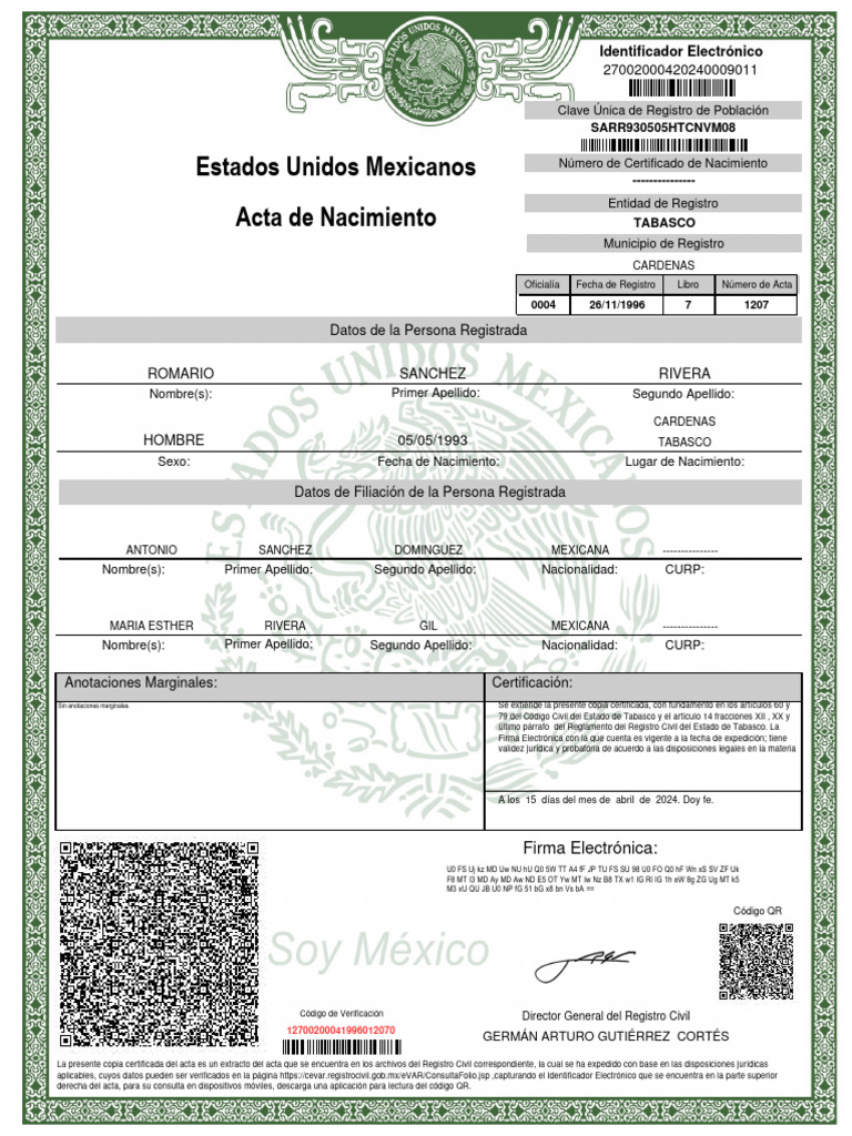 Acta de Nacimiento TABASCO | PDF | Documento | Información del gobierno