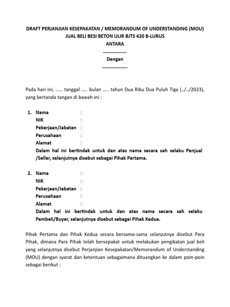 MOU Jual Beli Besi Beton Ulir BJTS 420 | PDF | Hukum