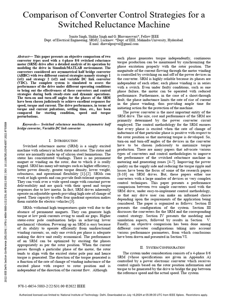 Comparison of Converter Control Strategies for a Switched Reluctance Machine | PDF | Electric ...