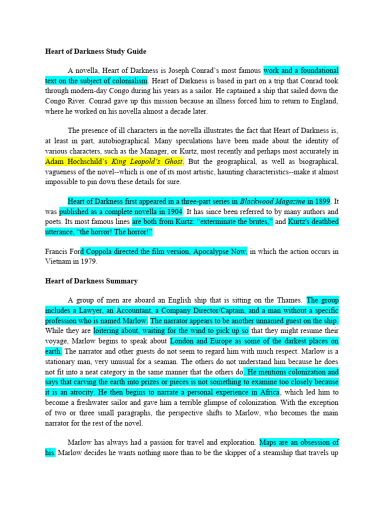 Heart of Darkness Study Guide | PDF | Heart Of Darkness | Kurtz (Heart ...