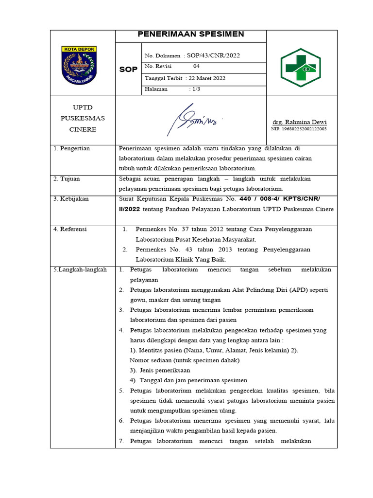 Sop Penerimaan Spesimen | PDF