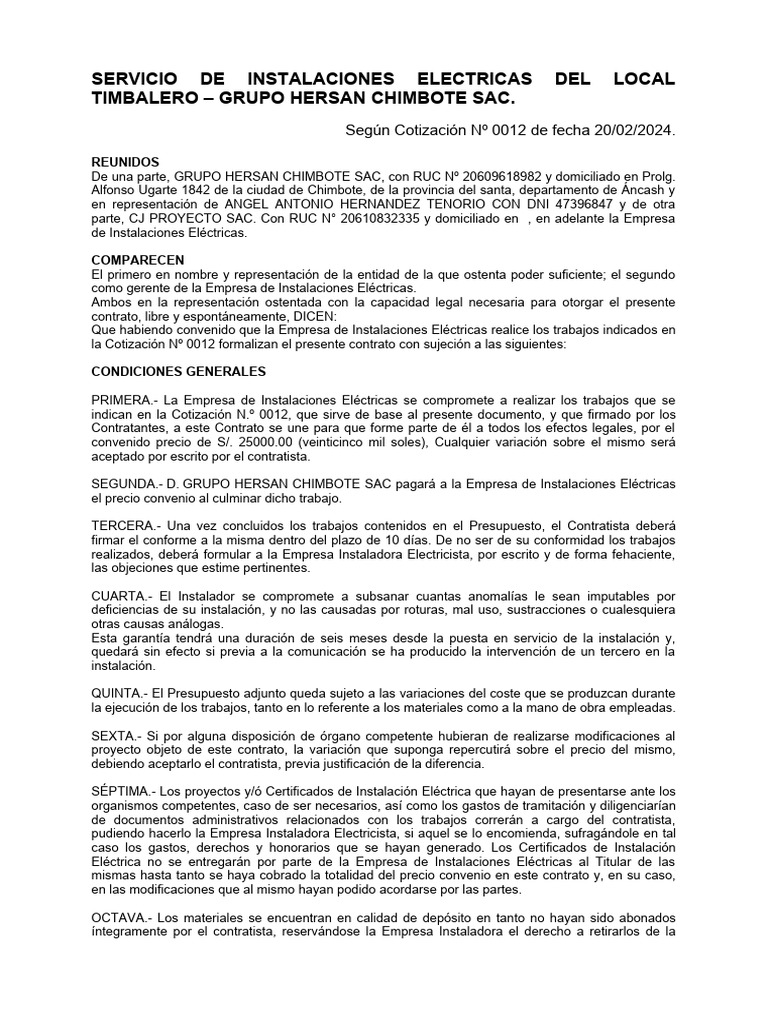 Contrato de Instalación Eléctrica | PDF | Presupuesto