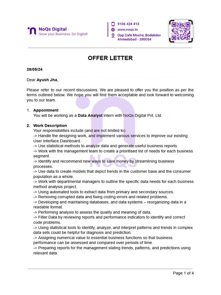 904 - Ayush Jha - Internship Letter For NoQs | PDF | Data | Data Analysis