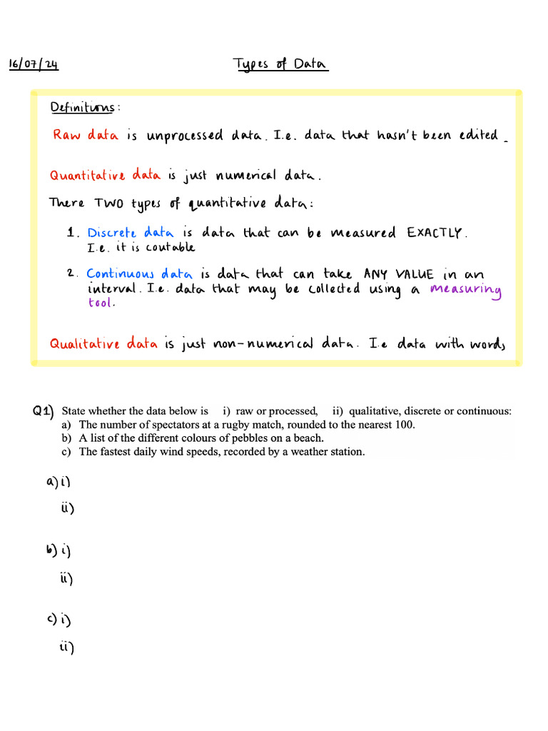 Lesson 3 - 16th July - Types of Data (BLANK) | PDF