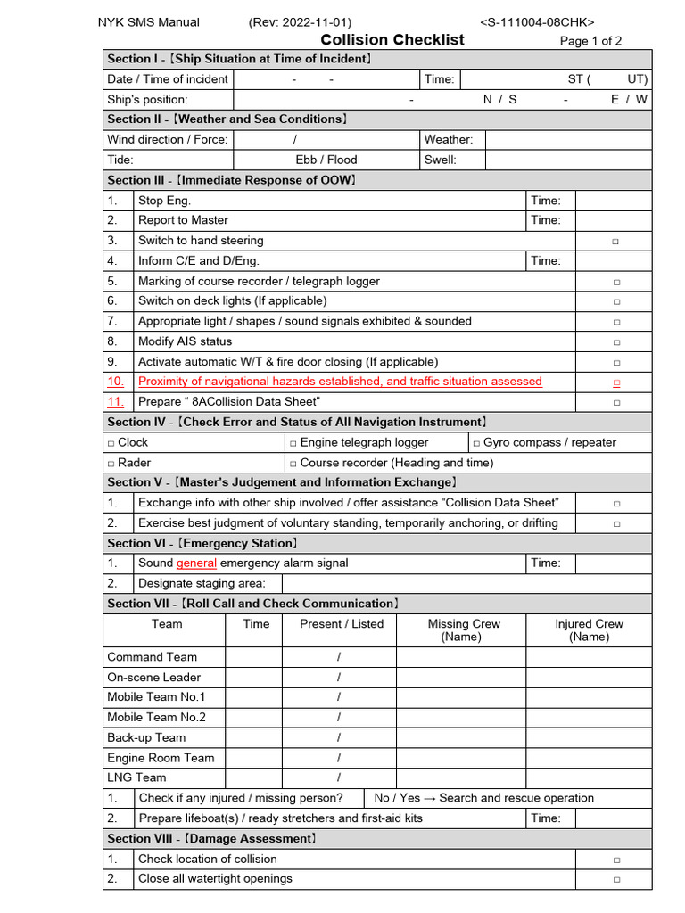 S 111004 08CHK Collision Checklist | PDF | Marine Salvage | Ships