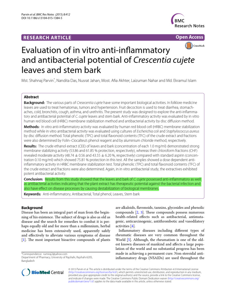 Parvin Et Al (2015) - Evaluation of in Vitro Anti-Inflammatory and Antibacterial Potential of ...
