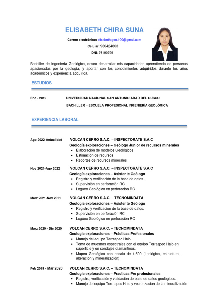 CV - Elisabeth Chira Suna | PDF | Minería | Prospección