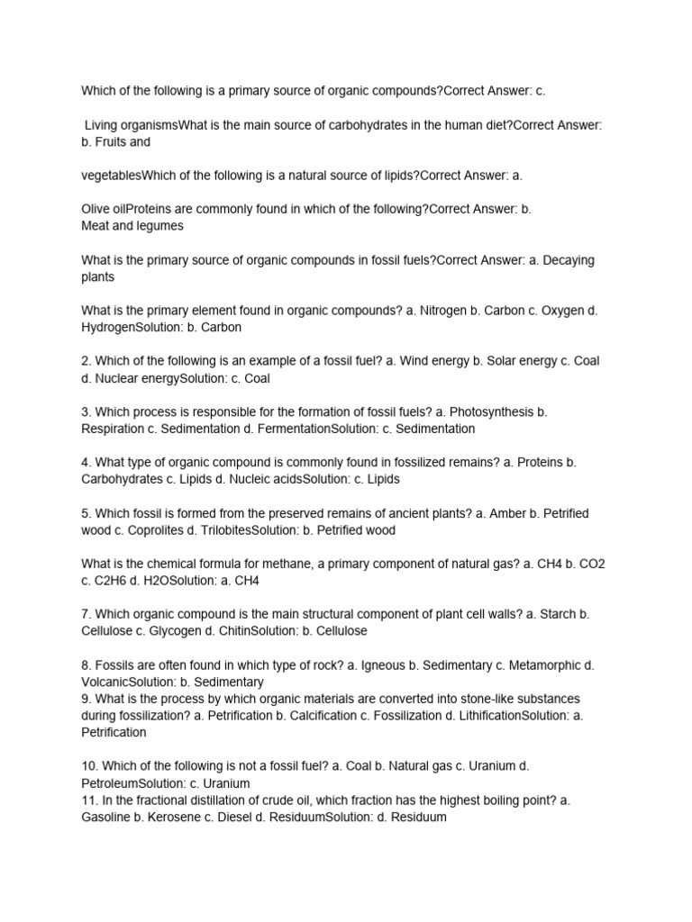 Organic Compounds and Fossil Fuels Quiz | PDF | Gasoline | Distillation