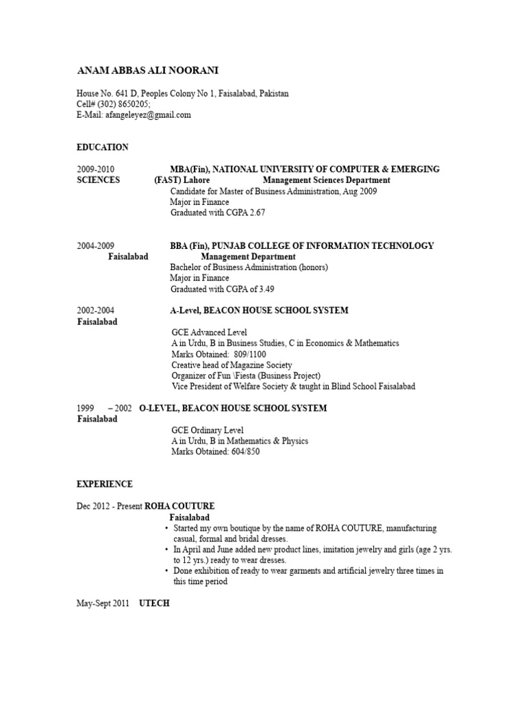 CV Anam Abbas Ali Noorani | PDF | Clothing
