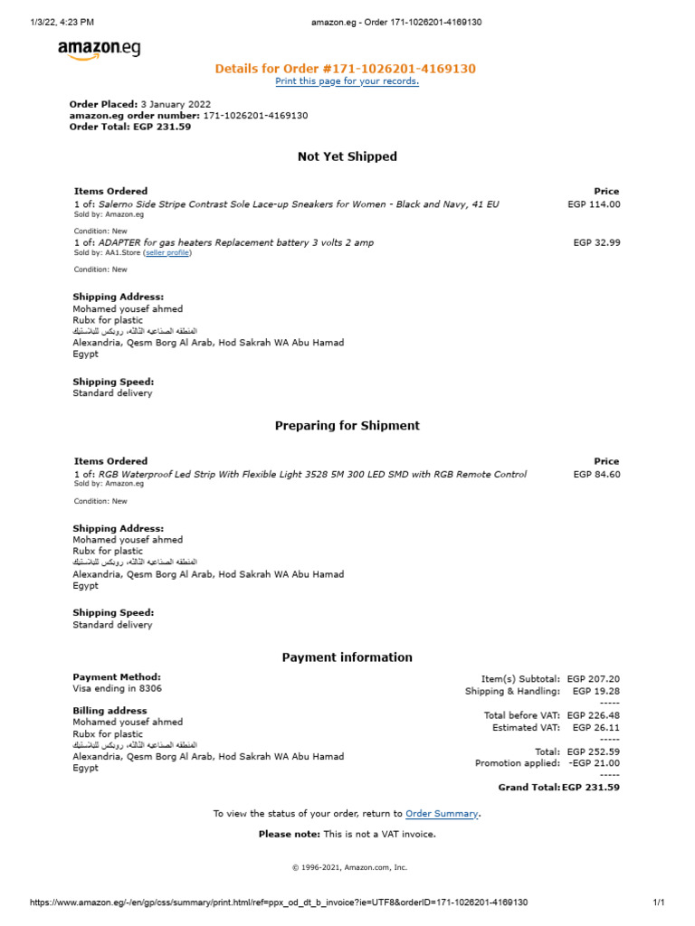 Amazon - Eg - Order 171-1026201-4169130 | PDF | Payments