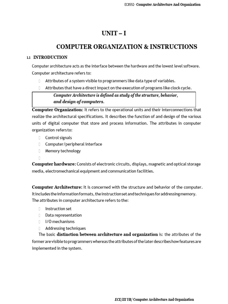 Unit - I Computer Organization & Instructions | PDF | Central Processing Unit | Computer Data ...