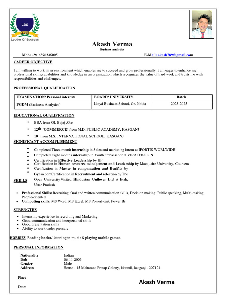 Sample Resume PGDM 25 | PDF | Business