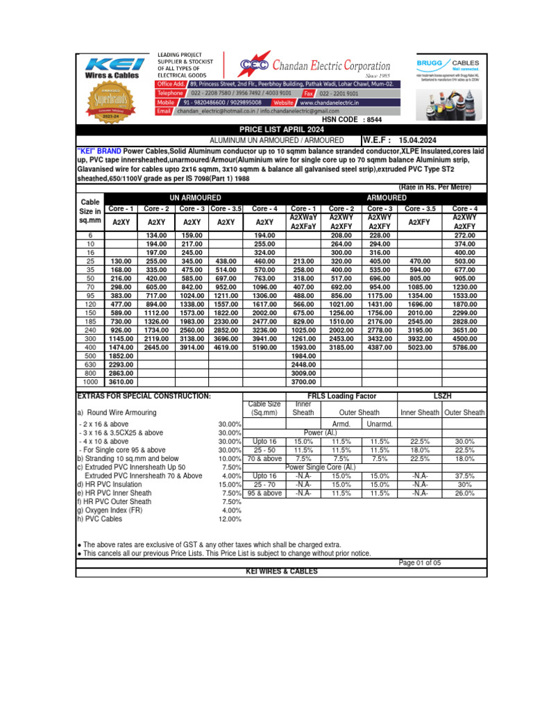 KEI Power Cable Price List April 2024 | PDF | Wire | Electrical Conductor