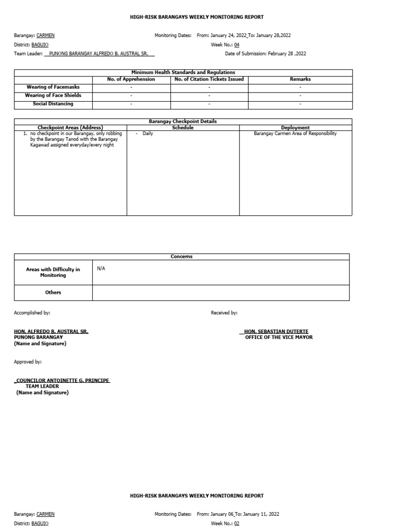 HIGH-RISK BARANGAYS WEEKLY MONITORING REPORT (Template) | PDF | Pandemic