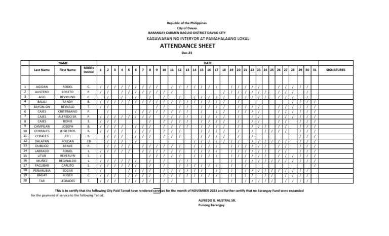 Tanod Attendance Sheet Final | PDF | Philippines | Economy Of The Philippines