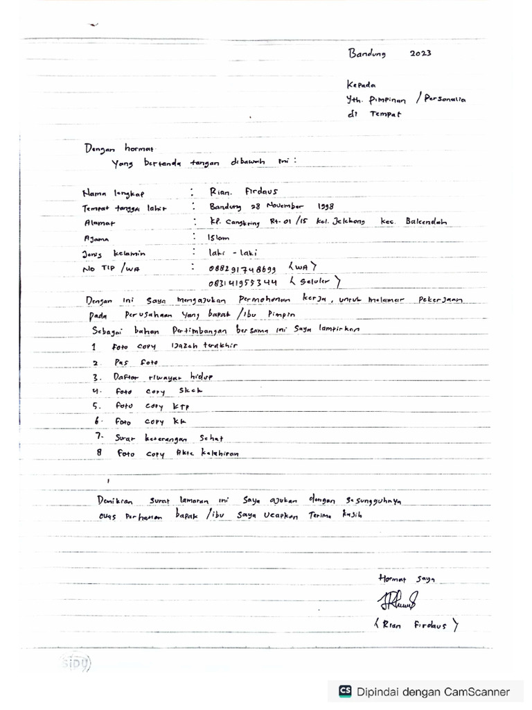 Lamaran Kerja Rian | PDF