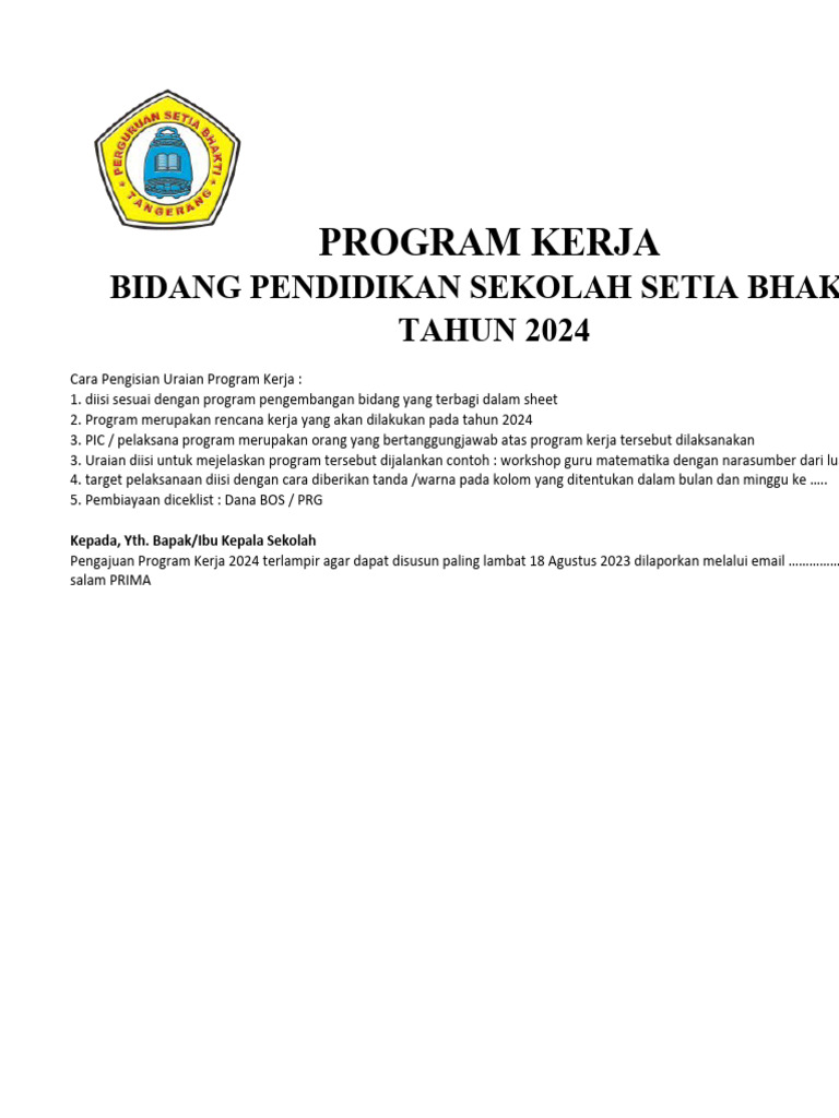 Format Proker Kepala Sekolah Dan Koordinator | PDF