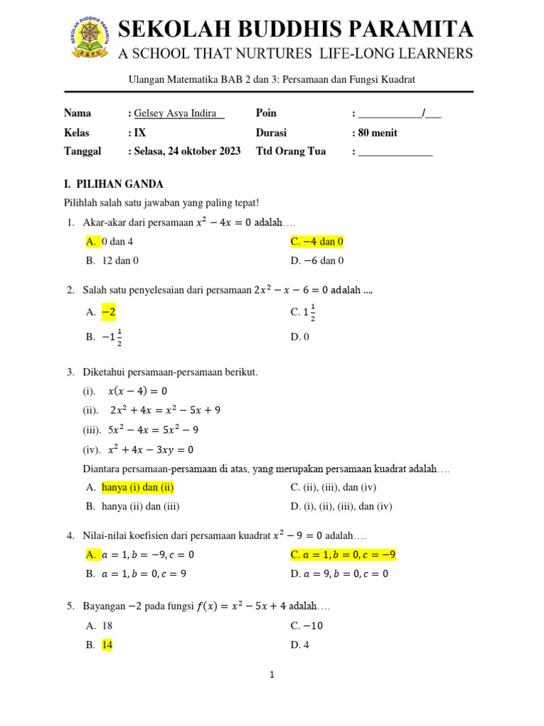 Ulangan Matematika Kelas IX | PDF