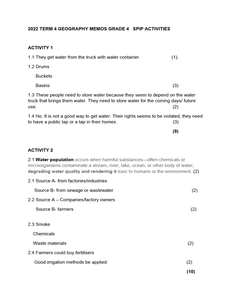 2022 Term 4 Geography Memo Grade 4 Spip Activities | PDF | Water | River