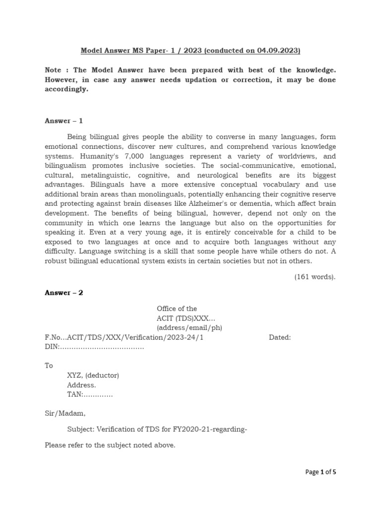 Income Tax Departmental Exam Model Answer Paper-1 of 2023 | PDF | Multilingualism