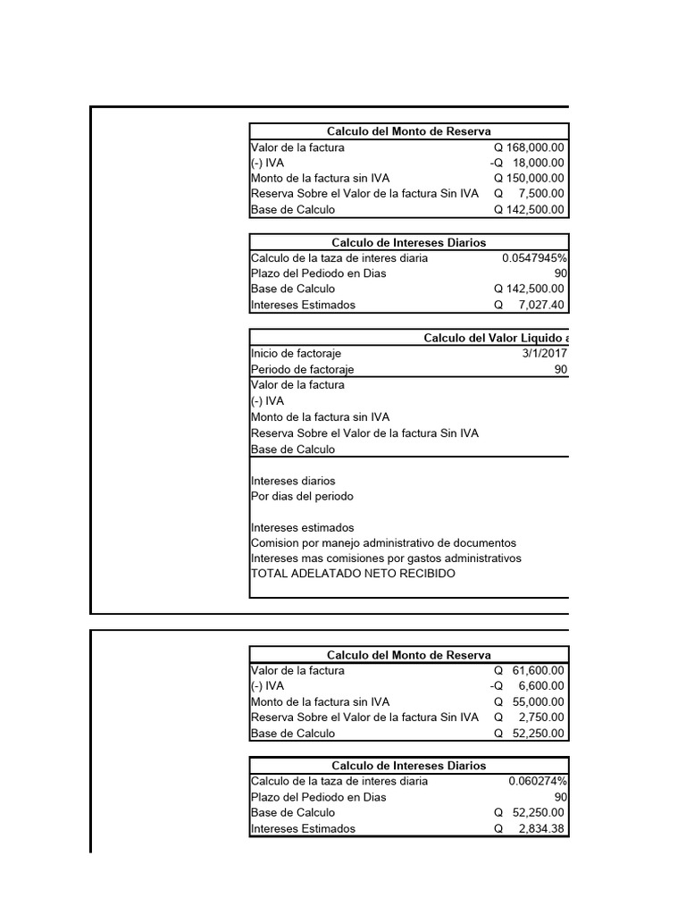 Cálculo de Factoraje y Reservas Financieras | PDF | Impuesto al valor ...