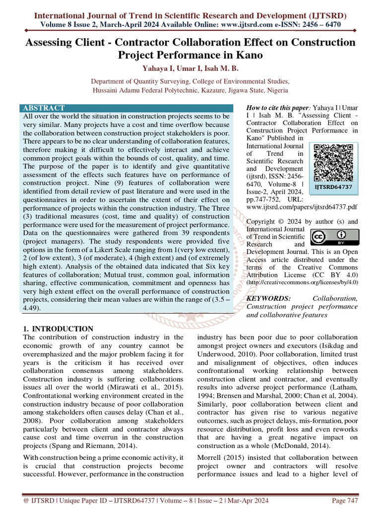 Assessing Client Contractor Collaboration Effect On Construction ...