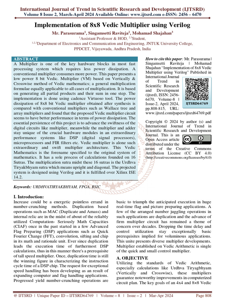 Implementation Of 8x8 Vedic Multiplier Using Verilog Pdf Field Programmable Gate Array