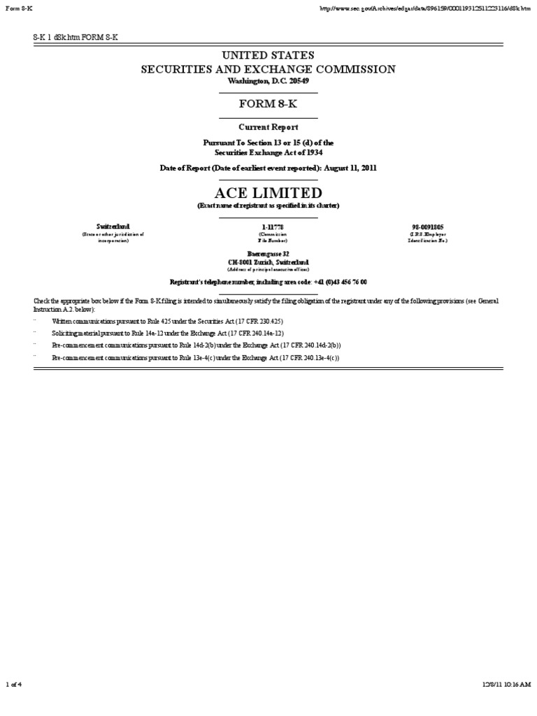 ACE Limited Form 8-K Report August 2011 | PDF | Business | Law
