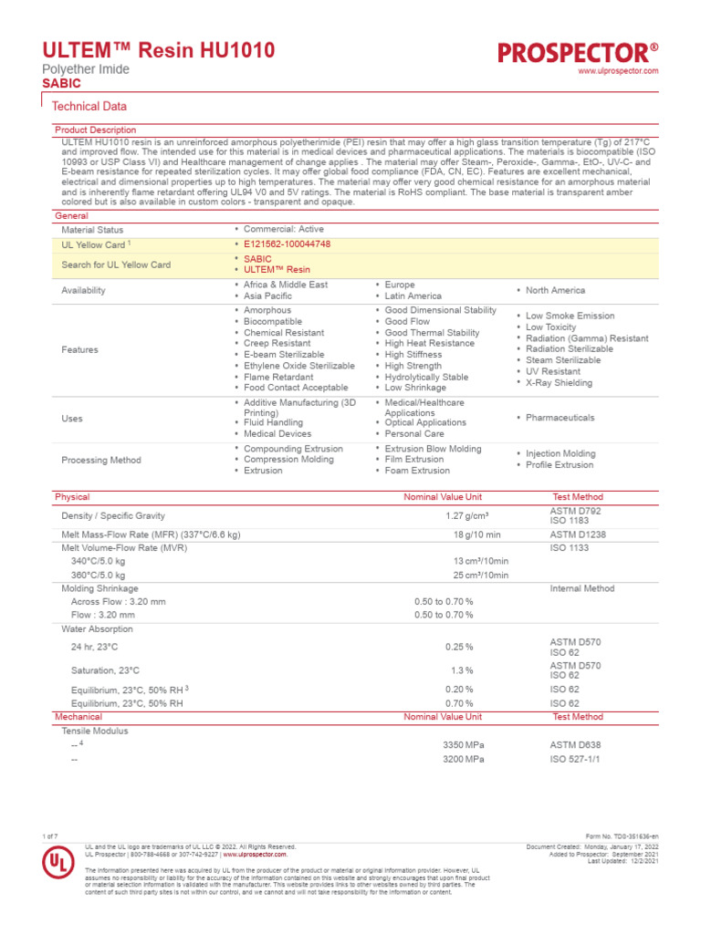 ULTEM HU1010 Resin Overview | PDF | Strength Of Materials | Extrusion