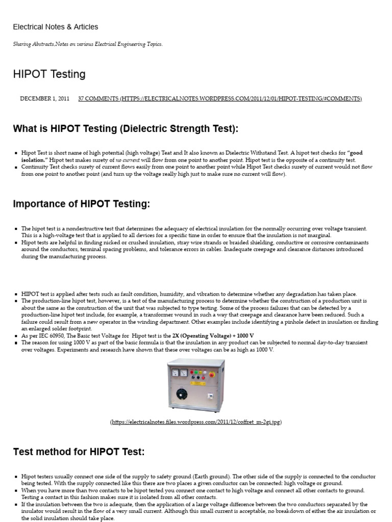 HIPOT Testing - Electrical Notes & Articles | PDF | Capacitor ...