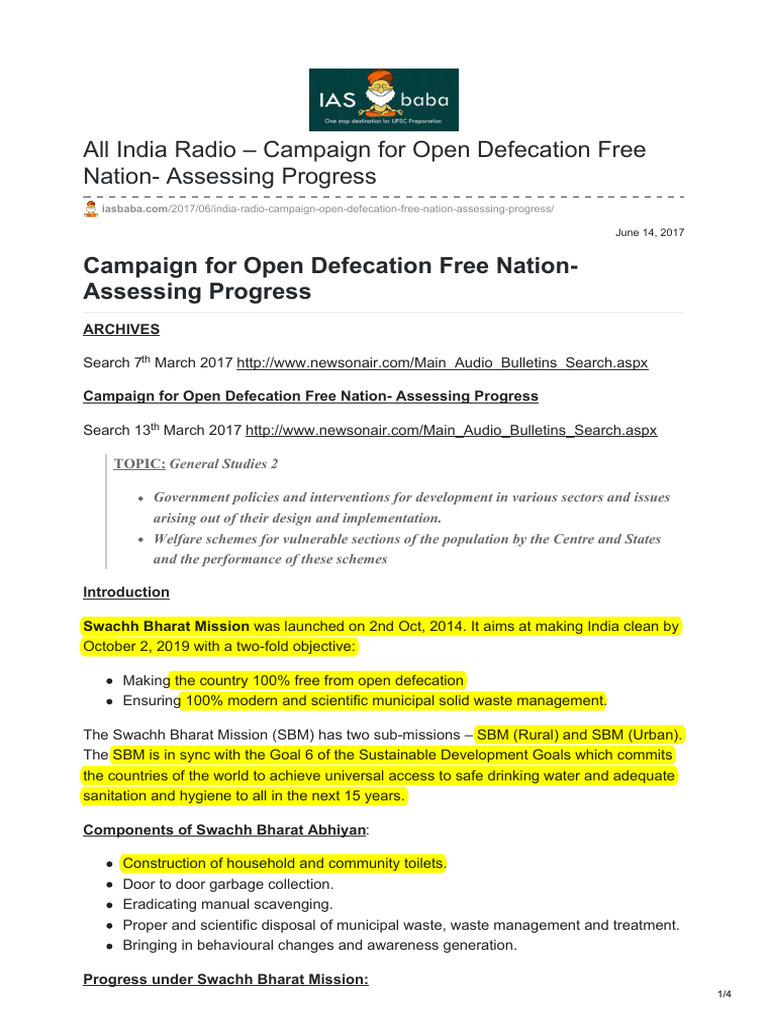 R - Iasbaba - Com-All India Radio Campaign For Open Defecation Free ...