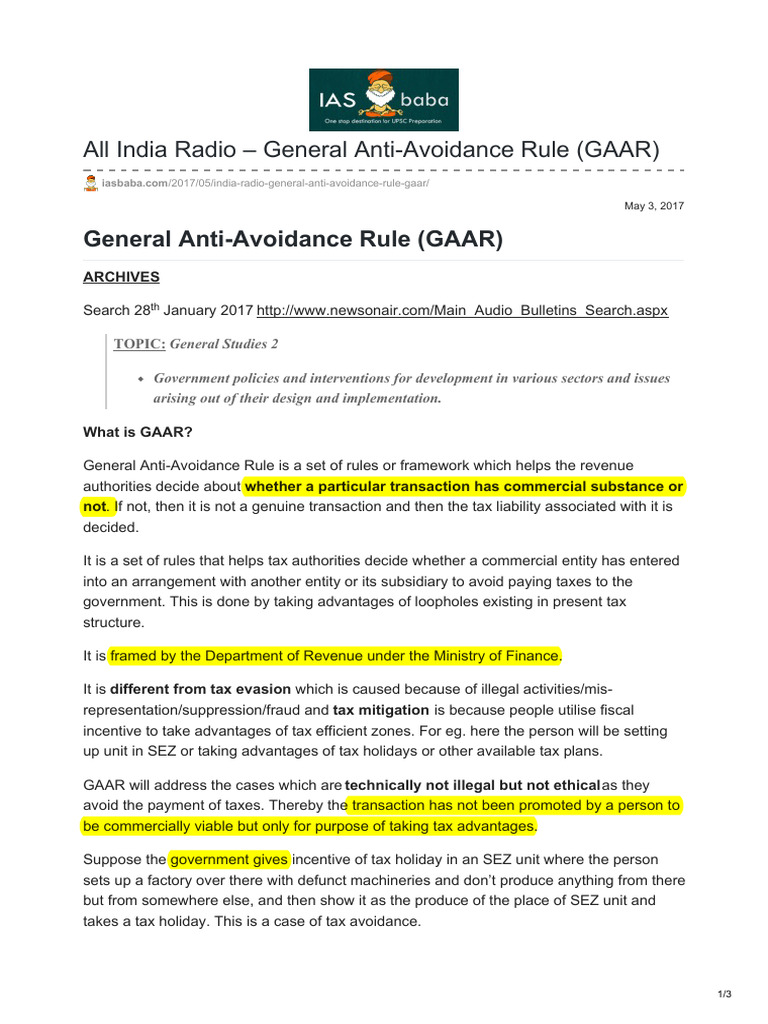 All India Radio General Anti-Avoidance Rule GAAR | PDF | Tax Avoidance | Taxes