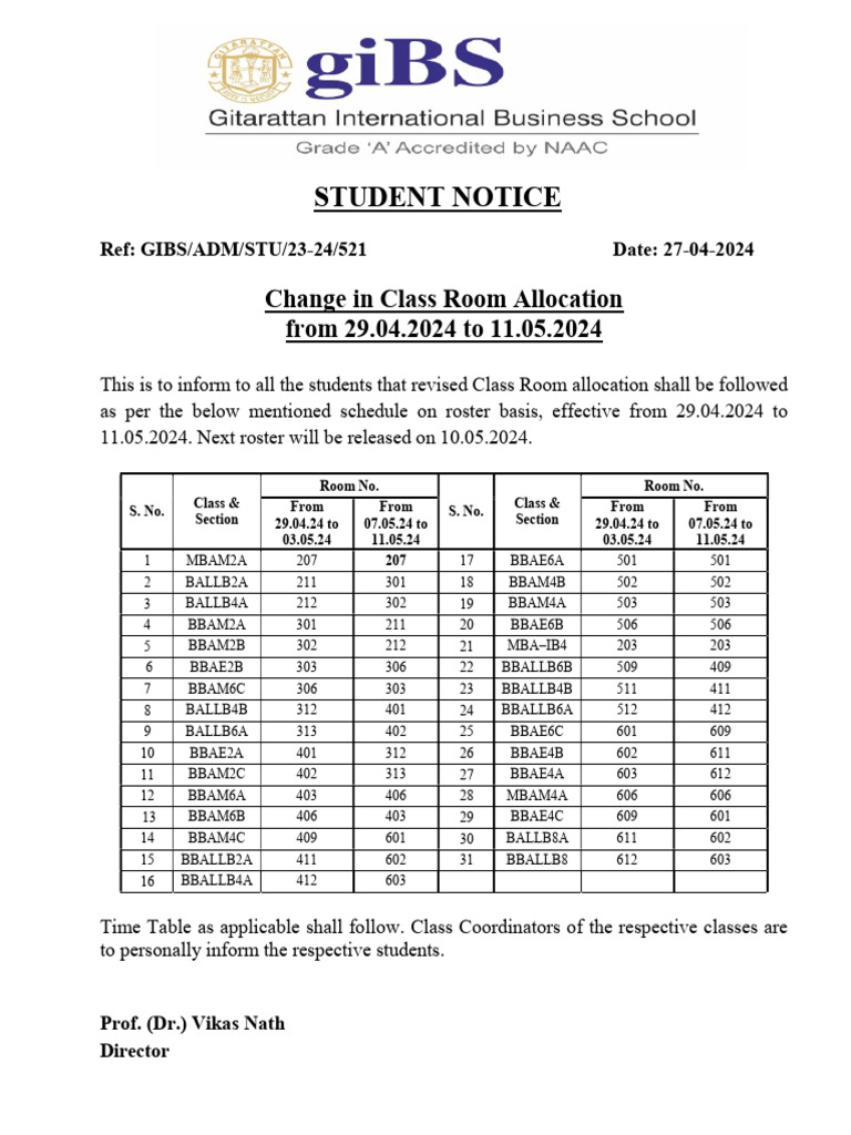 Student Notice: Change in Class Room Allocation From 29.04.2024 To 11.05.2024 | PDF