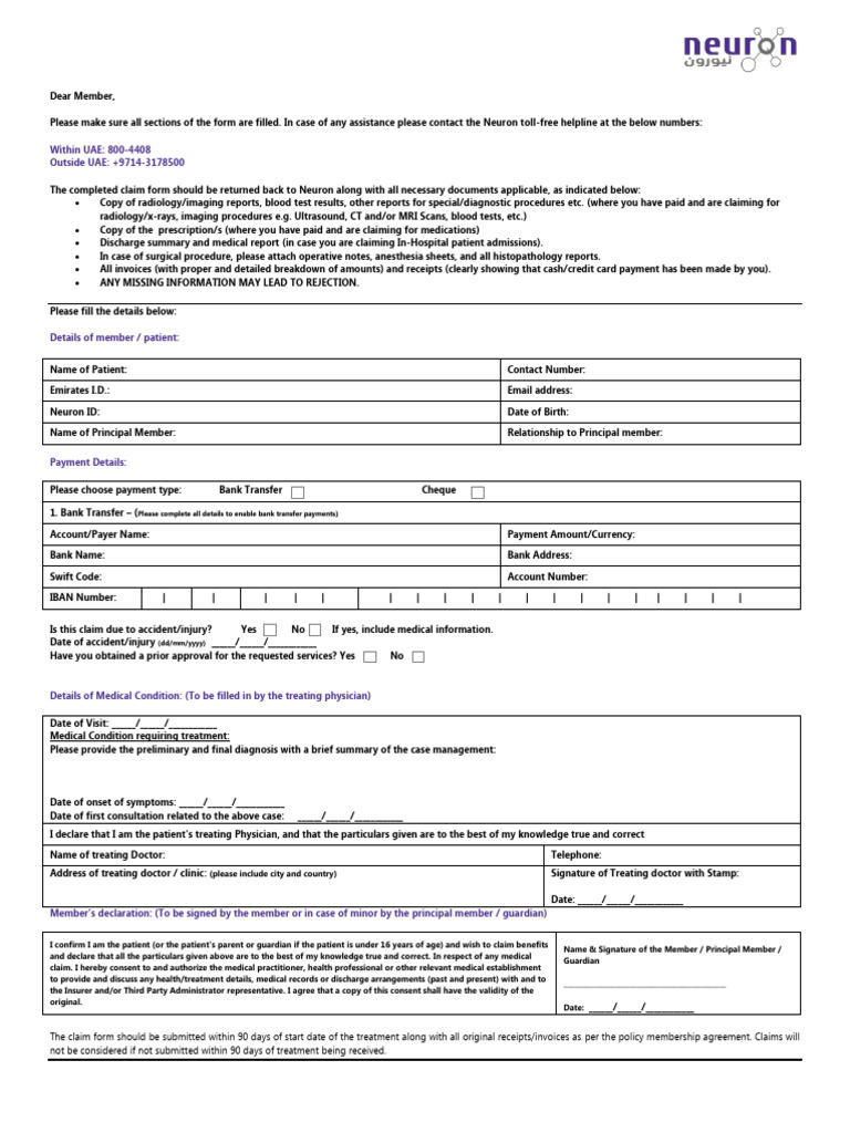 Neuron Reimbursement Claim Form 2016 | PDF | Physician | Payments
