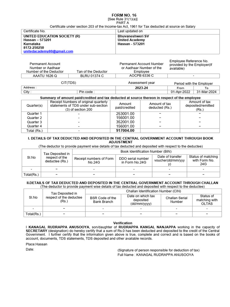 Form 16 Certificate for Kerala Employees | PDF | Tax Deduction | Pension