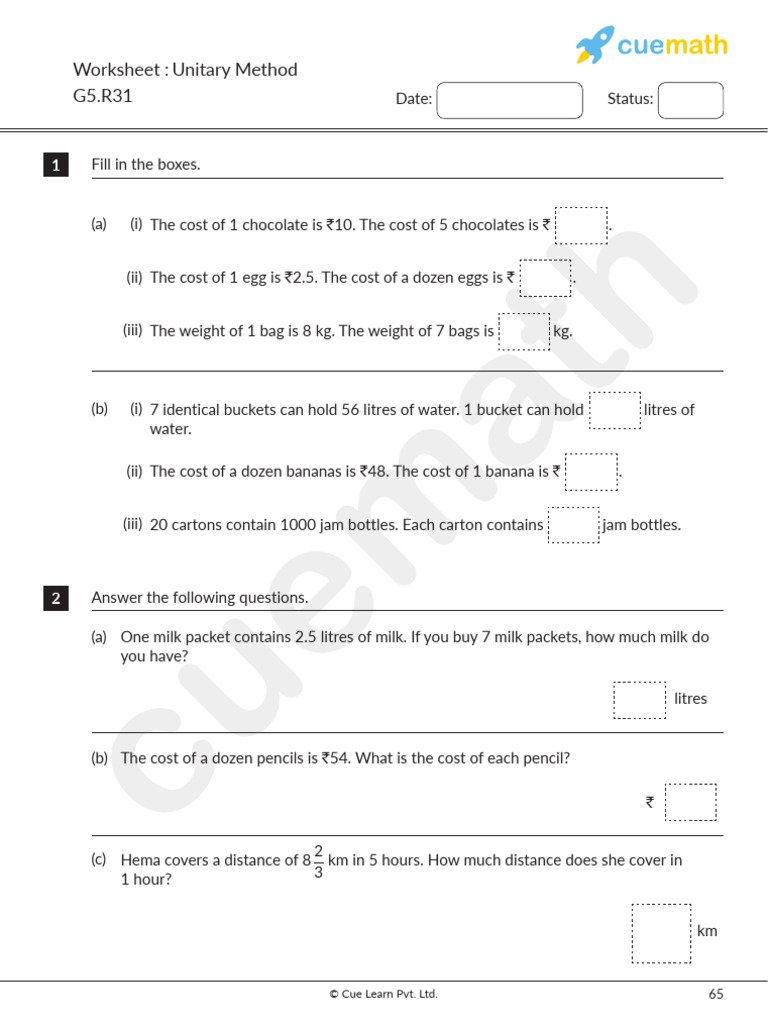 Class 5 Maths Worksheets Unitary Method | PDF