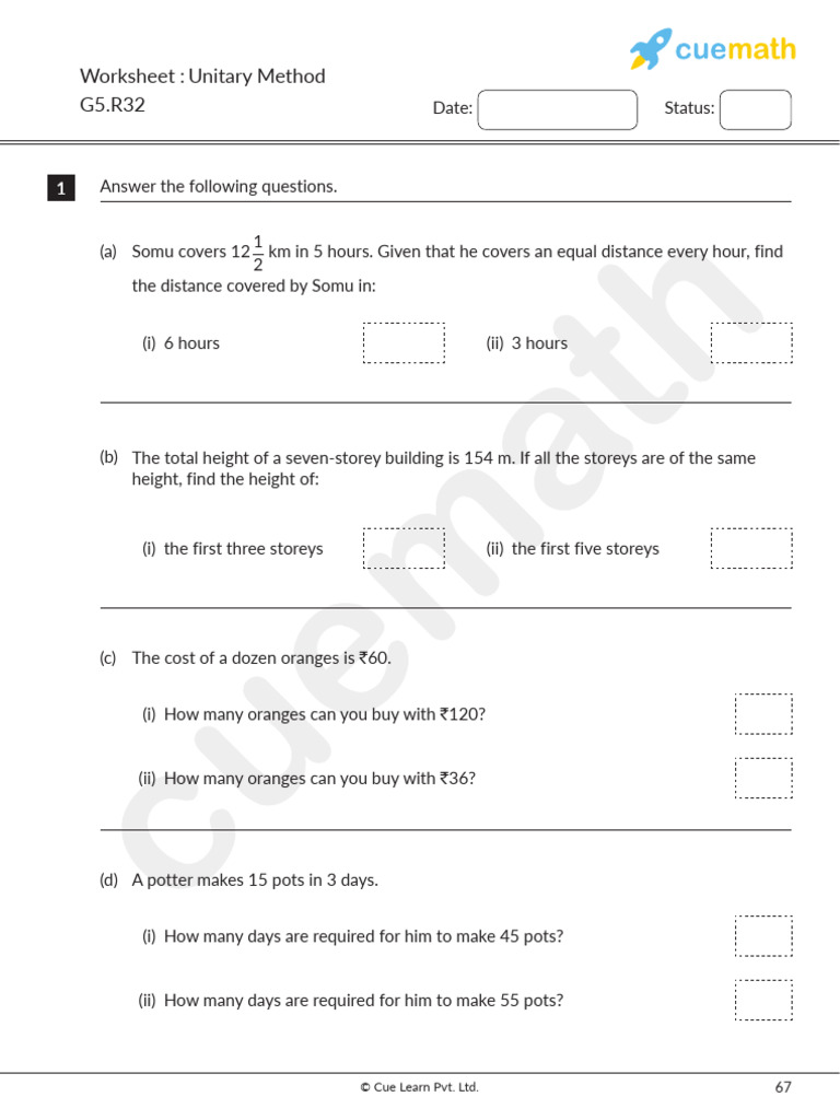 Class 5 Maths Worksheet Unitary Method | PDF