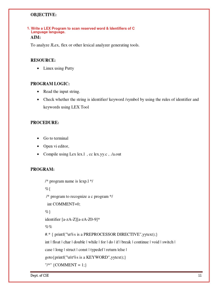 COMPILER DESIGN LAB Manual | PDF | Parsing | Computer Program COMPILER DESIGN LAB Manual | PDF | Parsing | Computer Program