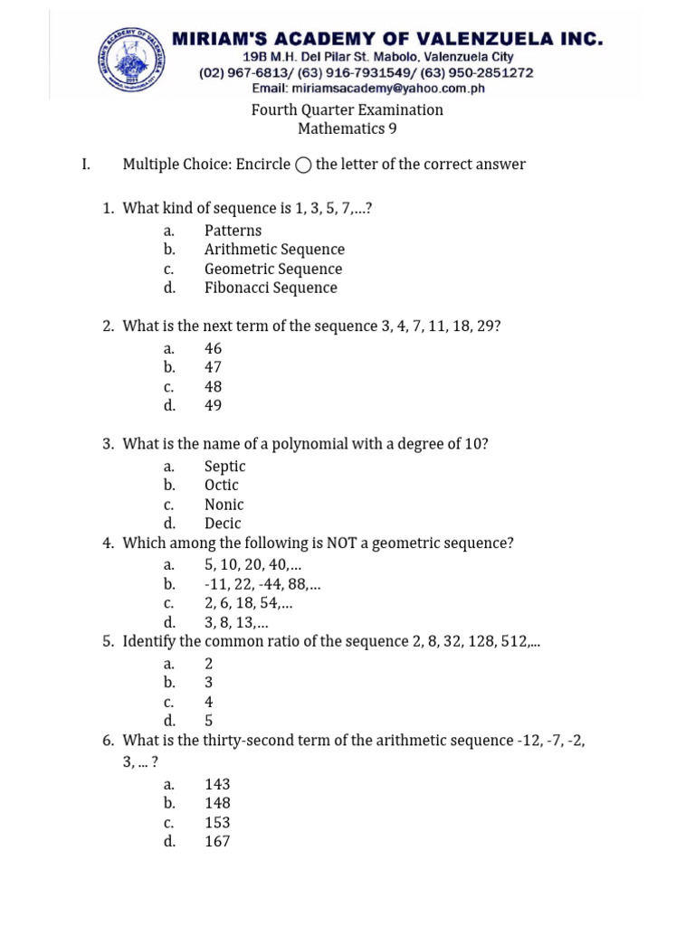 Mathematics 9 Fourth Quarter Examination | PDF | Triangle ...