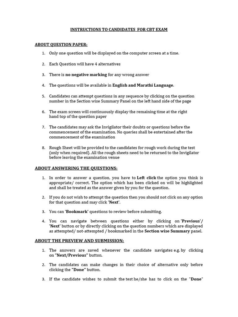 Instructions To Candidates For CBT Exam PDF