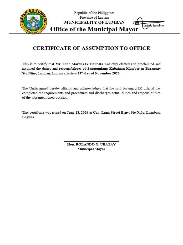 Certificate of Assumption To Office SK | PDF