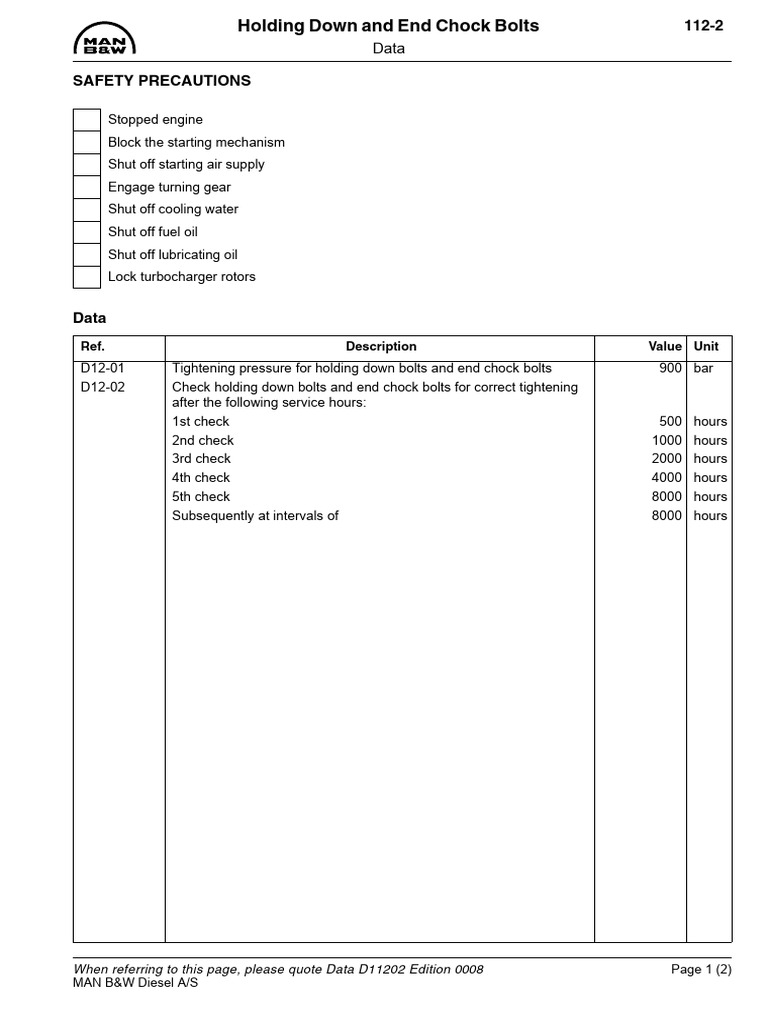 Holding Down and End Chock Bolts: Ref. Description Value Unit | PDF ...