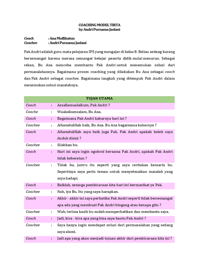 Skenario Coaching Model TIRTA (Rukol) | PDF | Pengembangan Diri
