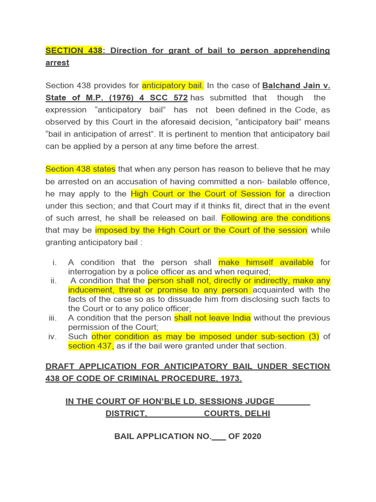 Anticipatry Bail Application Draft Under SECTION 438 of CR P C in Sessions or High Court | PDF ...