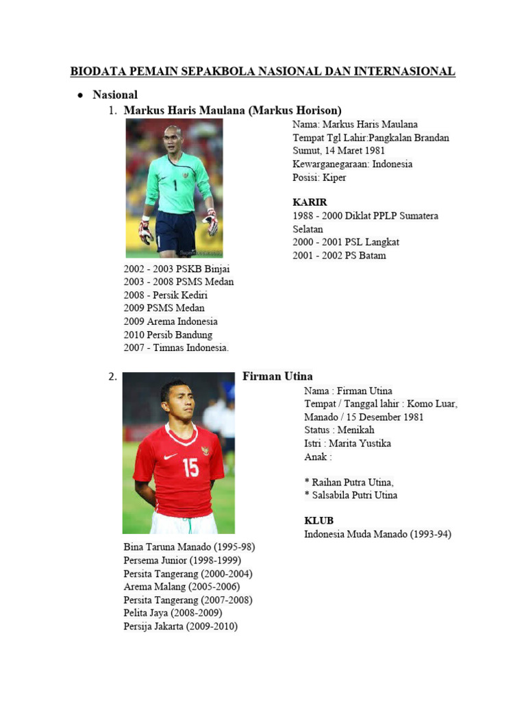 Biodata Pemain Sepakbola Nasional Dan Internasional | PDF
